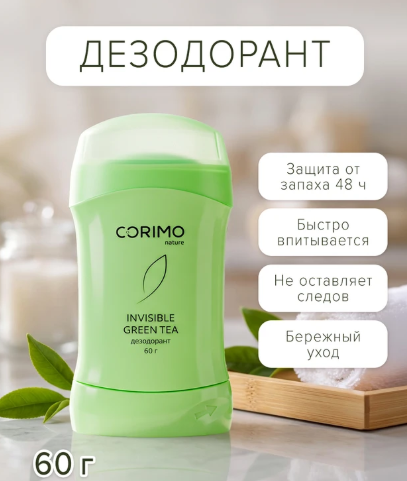 Дезодорант , CORIMO, 60 г , с ароматом зеленого чая, 3 штуки