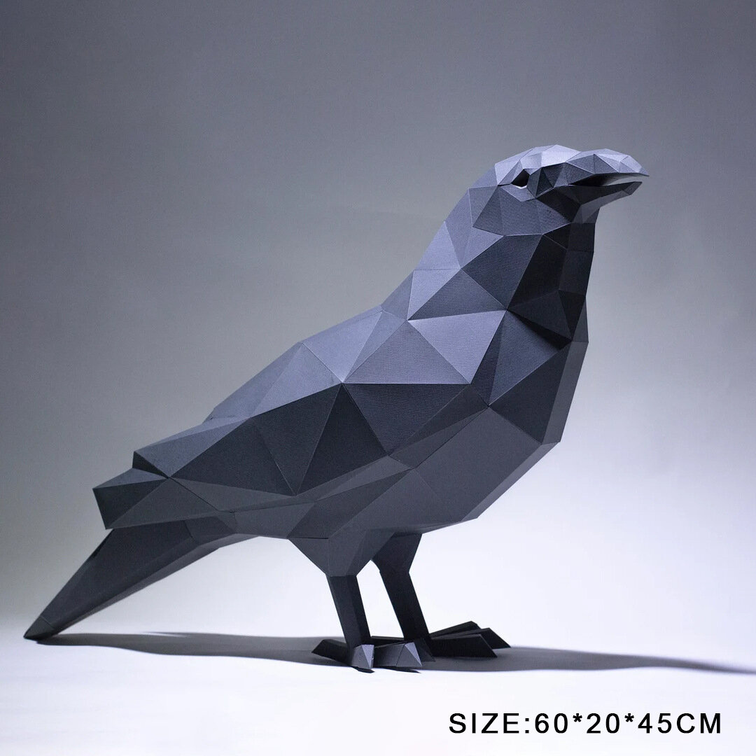 Ворона бумажная поделка, ручная работа, 3D модель для декора стены, набор для складывания, черный декор