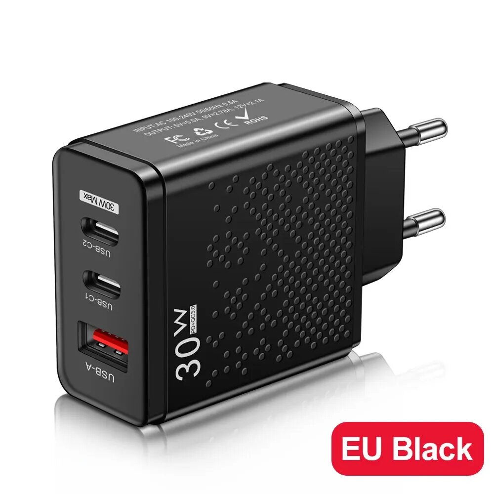 OLAF USB 30 Вт QC 3,0 быстрое зарядное устройство с двумя портами типа C портативный EU Black