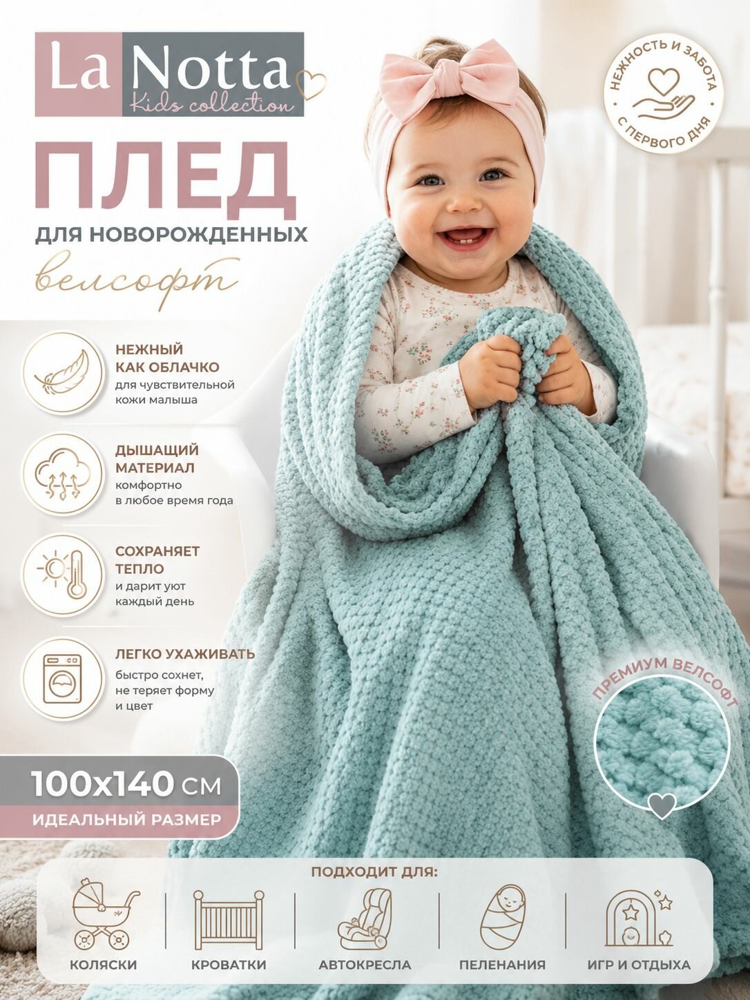 Плед для новорожденных La Notta Мятный, жаккард, 100х140 см