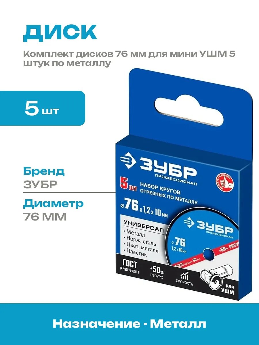 Комплект отрезных кругов 76 мм на мини УШМ 5 штук металл