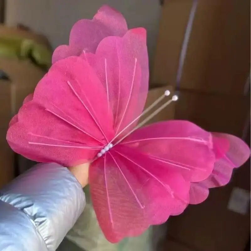 Декоративные бабочки из органзы WHPHous 45-50 см Rose red