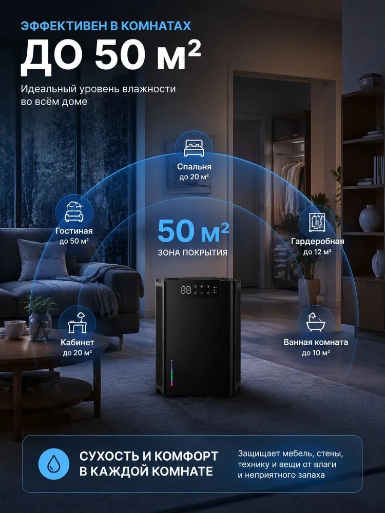 Умный осушитель воздуха RXLOGО до 50 м², 2.4 л, 90 Вт, 40 дБ, 2 скорости, RGB подсветка, 5 режимов — фото 1