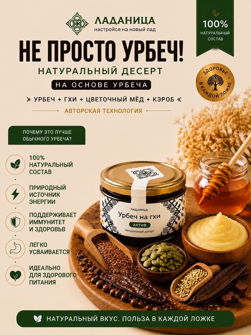 Урбеч из семян льна, конопли, тыквы, расторопши «Актив» Ладаница, с медом и маслом гхи