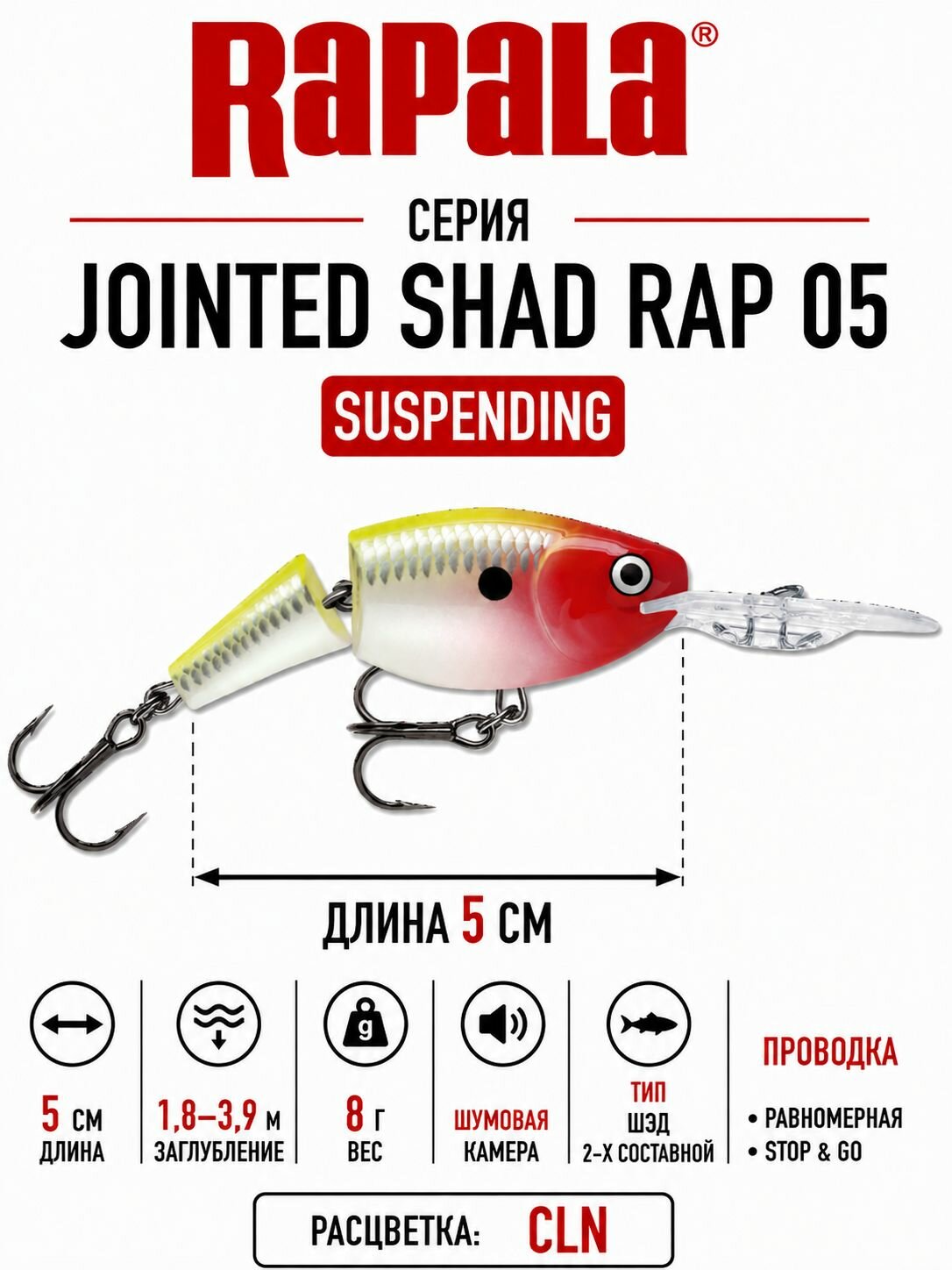 Воблер RAPALA Jointed Shad Rap 05 CLN суспендер 1,8-3,9м, 5см, 8гр ++