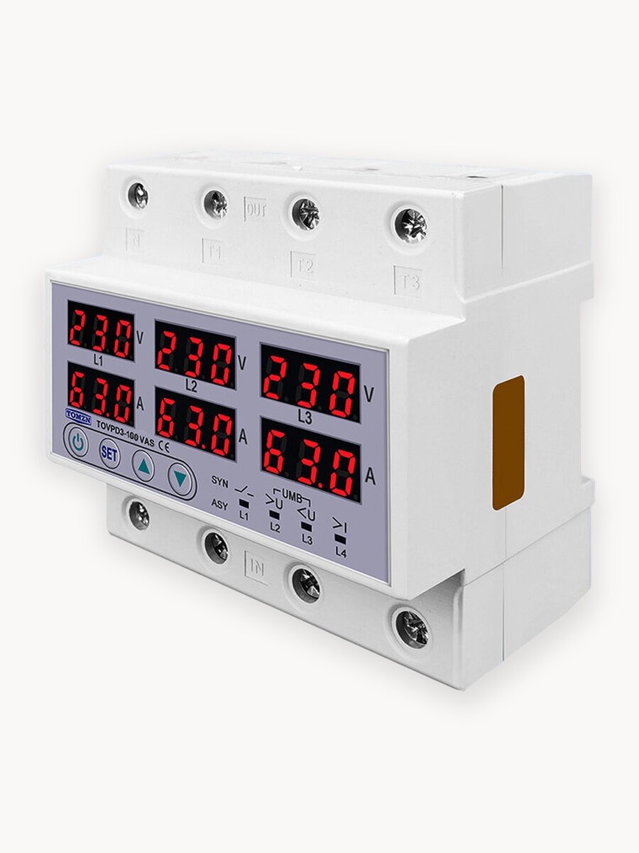Реле напряжения трёхфазное TOMZN TOVPD3-100VAS с защитой от перенапряжения и перегрузок по току / Асинхронный режим / Многофункциональное защитное устройство