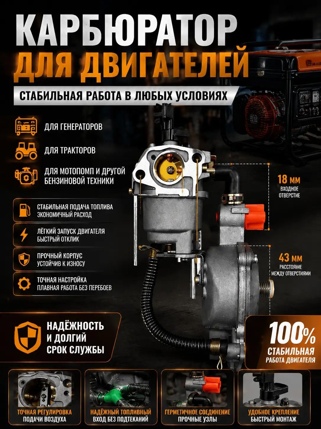 Карбюратор газ-бензин для двигателей 168F/170F (GX160/GX200); двухтопливный, для генераторов, мотоблоков и мотопомп 1.5-3.5 кВт, экономия топлива,20 л