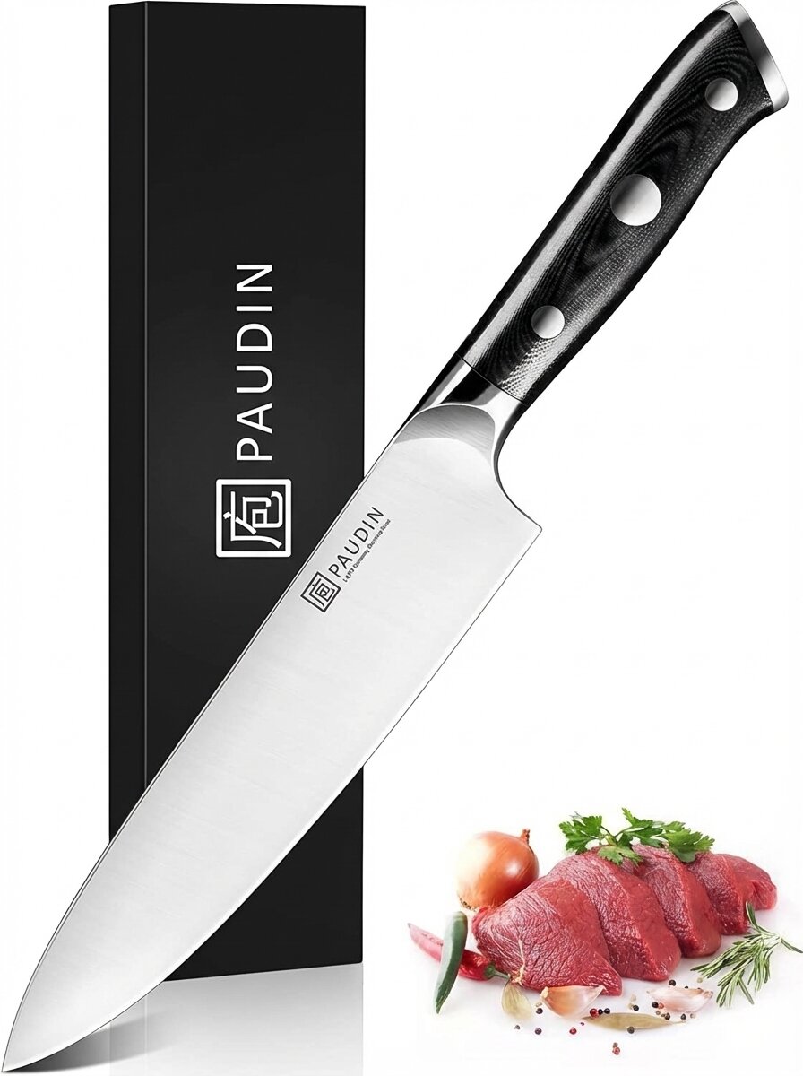 Нож кухонный PAUDIN профессиональный поварской разделочный для мяса и овощей, лезвие 20 см, в подарочном футляре