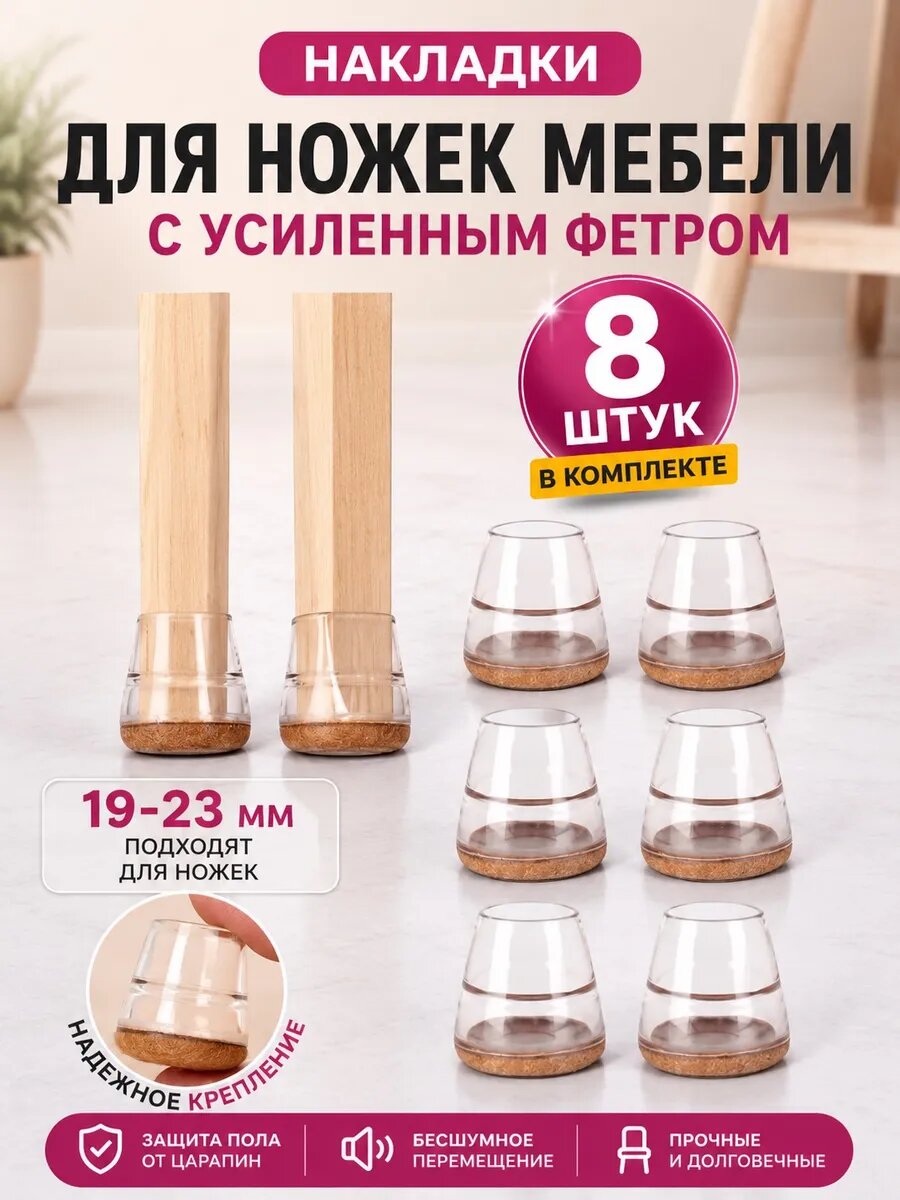 Накладки протекторы на ножки стульев, 19-23, 8 шт, бежевые, силикон + фетр, Premium