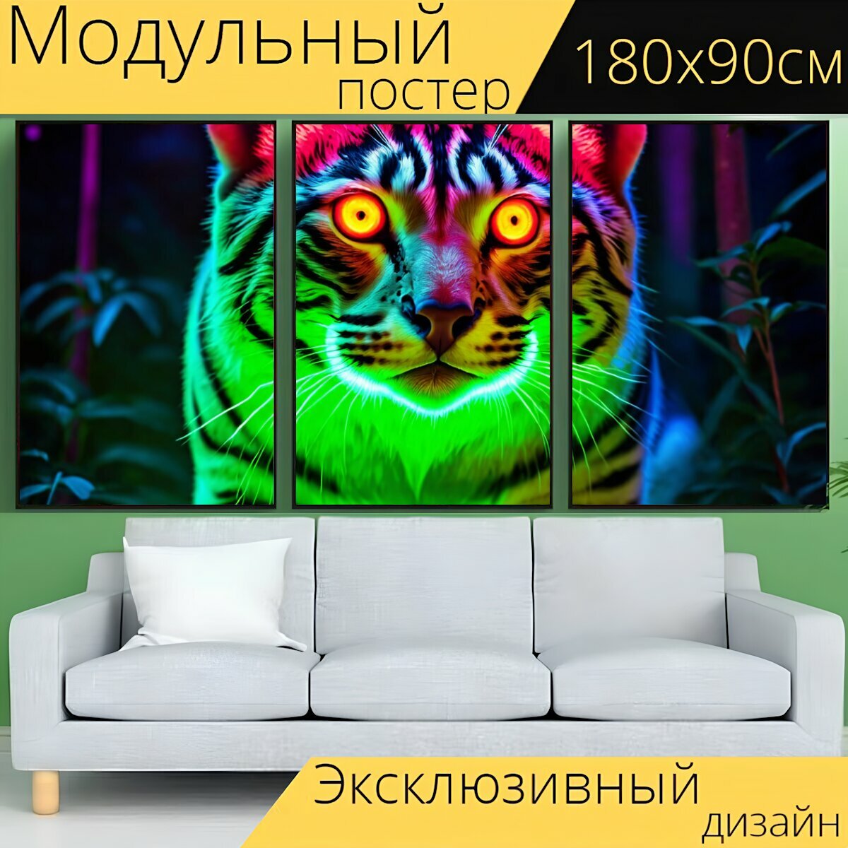 Модульный постер "В стиле неоновый с яркими иллюстрациями животных, светящихся в темноте" 180 x 90 см. для интерьера на стену в тубусе
