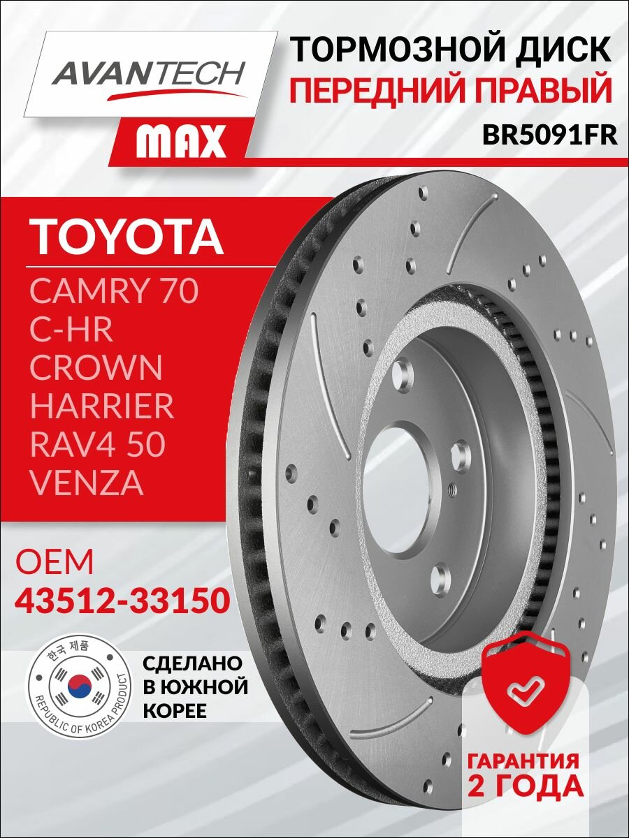 Тормозной диск передний Камри 70 перфорированный правый (ОЕМ 4351233150) AVANTECH MAX BR5091FR