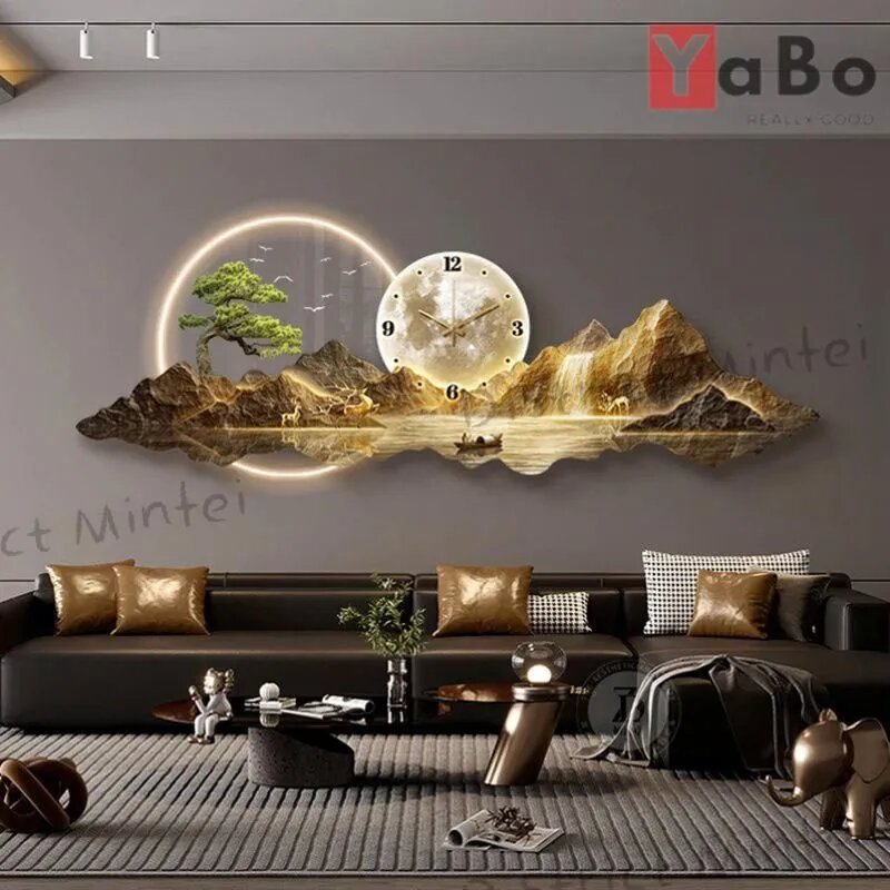 Настенное украшение для гостиной с часами LED-подсветкой 35x100см