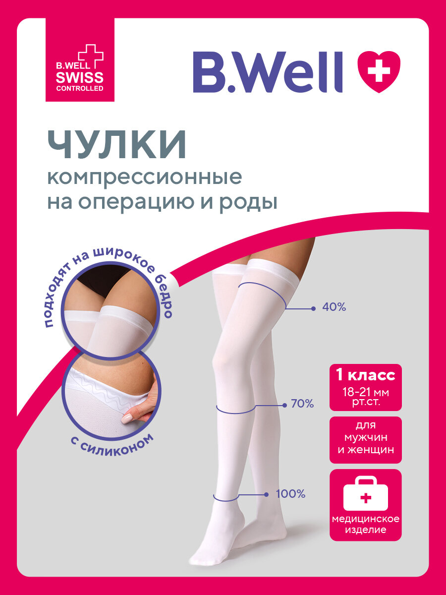 Компрессионные чулки 1 класса антиэмболические для операций и родов госпитальные от варикоза B.Well JW-214