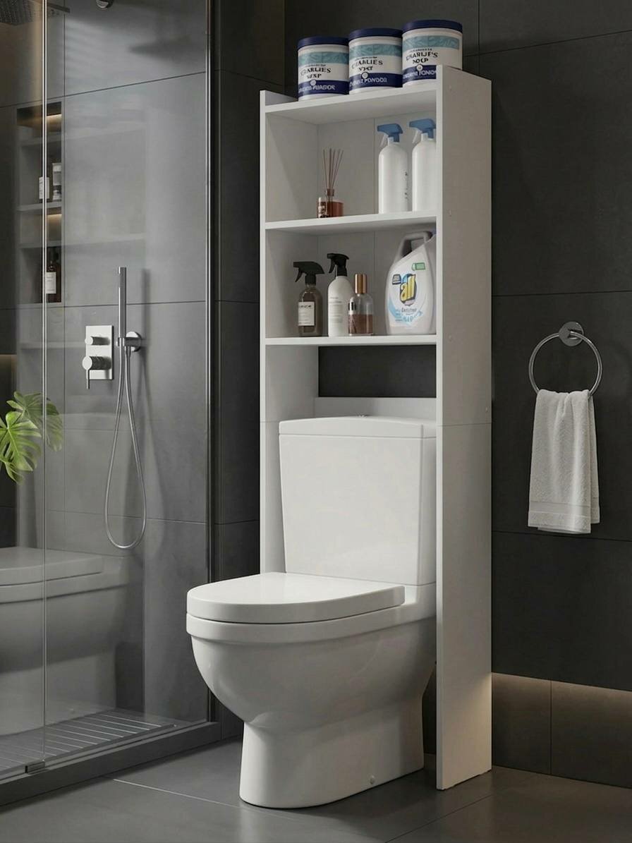 Стеллаж для ванной напольный, над унитазом, ЛДСП, белый, матовый, открытый