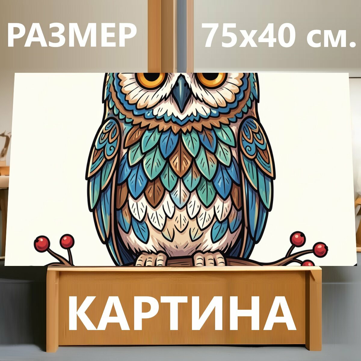 Картина на холсте "Яркая сова на ветке. Стильная иллюстрация мудрой ночной птицы с крупными глазами, бирюзово-оранжевым оперением и." на подрамнике 75х40 см. для интерьера