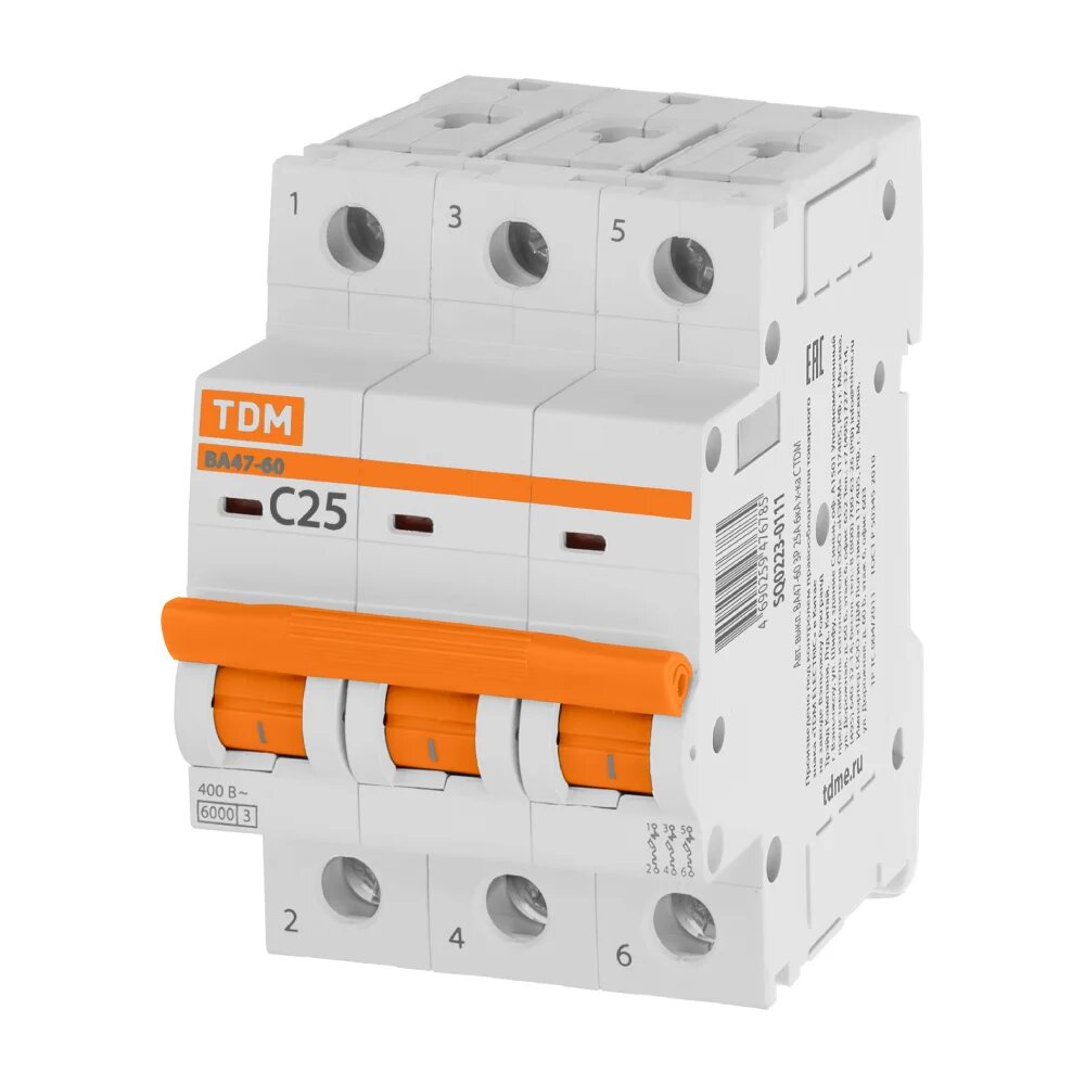 TDM ELECTRIC Автоматический выключатель ВА47-60 3Р 25А 6кА х-ка С SQ0223-0111