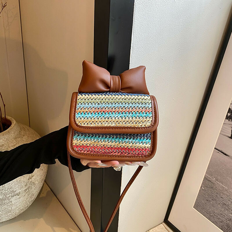 Стильная вязаная полосатая сумка через плечо для мужчин и женщин, синяя с бантом