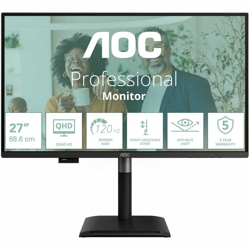 Монитор 27" AOC Q27P4CV IPS, 2560x1440, 120Hz, 4ms, 350сd/m, 1500:1 | HDMI(2.0), DP(1.4), Type-C(PD-96W), 4xUSB 3.2, RJ45 | HAS, Pivot, Swivel, InPSU, Speakers, Vesa 100, Black