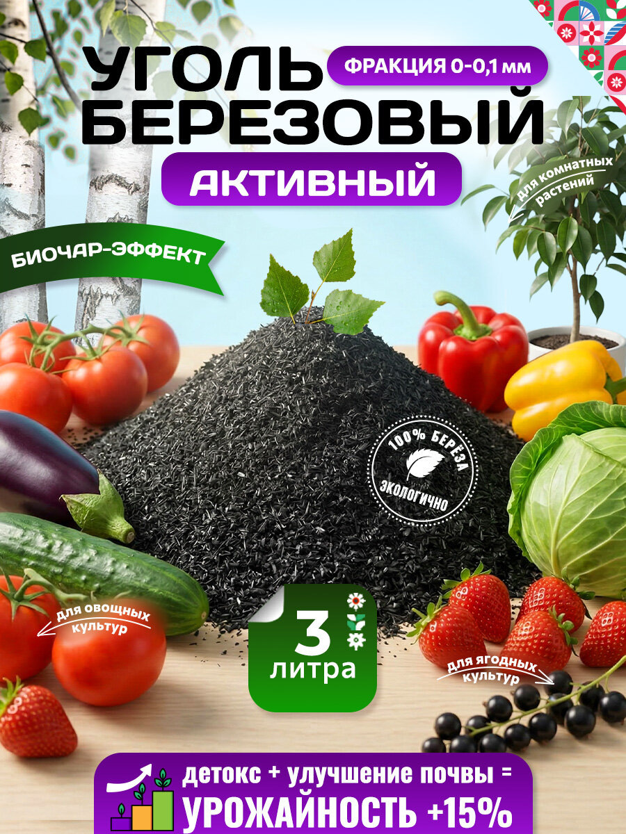 Активный биочар 3 литра для комнатных растений, почвоулучшатель для сада и огорода