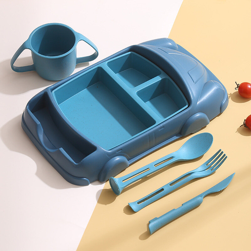 Набор детской посуды с тарелкой, ножом, вилкой, ложкой и чашкой - 6 предметов для детского сада, тарелка с разделителями в форме машинки, детская посуда с мультяшным рисунком для прикорма.
