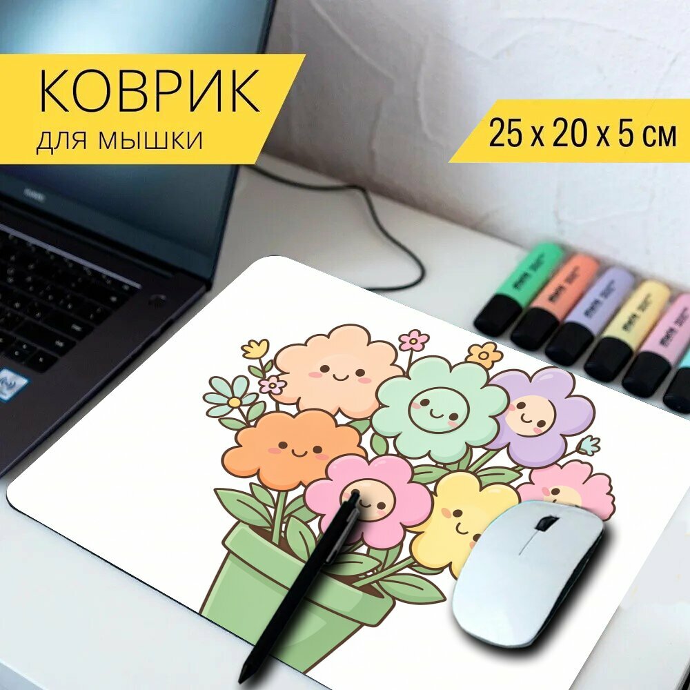 Коврик для мыши с принтом "Милые улыбающиеся цветы в горшке. Нежная мультяшная иллюстрация с букетом пастельных растений с забавными лицами в зелёном кашпо. Кавайный стиль." 25x20см.