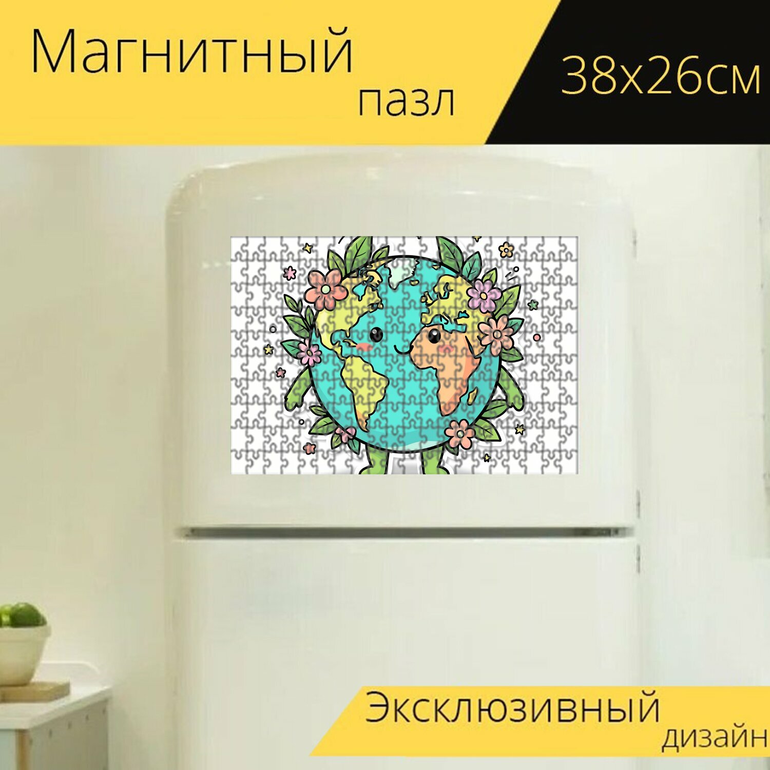 Магнитный пазл "Милая планета Земля с цветами. Забавный глобус с улыбающимся лицом, листьями и цветочками в мультяшном стиле. Пастельные голубые, зеленые." для интерьера, 38х26 см.