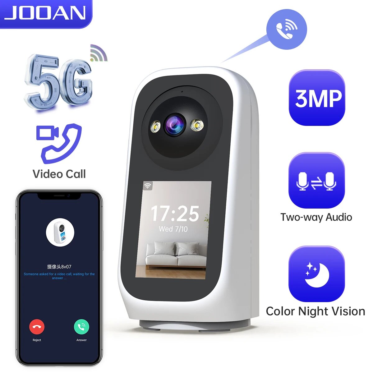 Детский монитор JOOAN 3MP PTZ 5G Wifi Camera HD с 2,8-дюймовым сенсорным экраном, умная домашняя безопасность, цветная ночь, двусторонний аудио, беспроводная IP-камера-