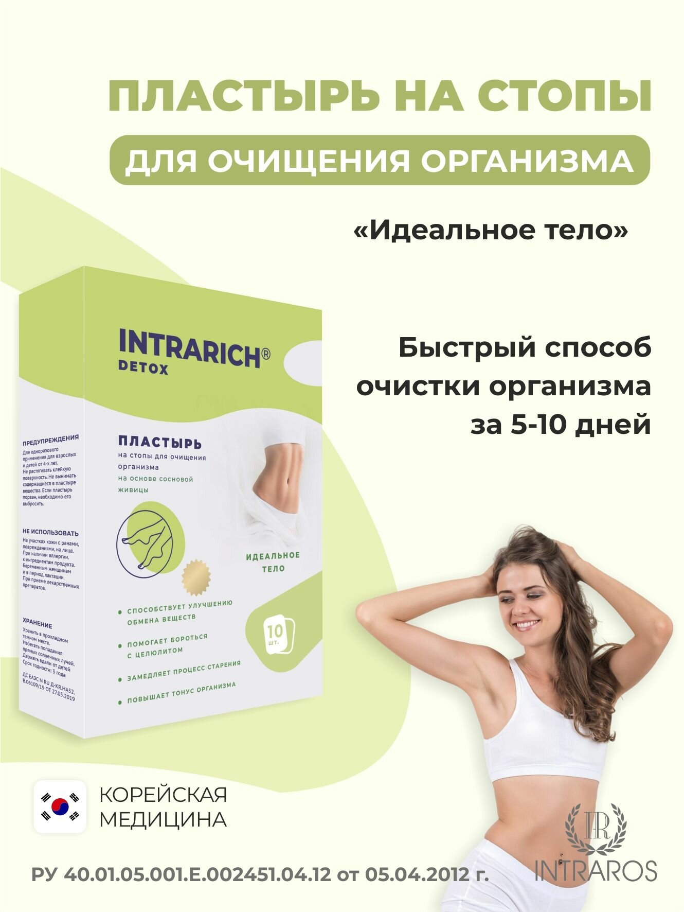 Пластырь на стопы для очищения (похудения) организма INTRARICH Detox Идеальное тело, детокс от токсинов и шлаков в домашних условиях, 10 шт.