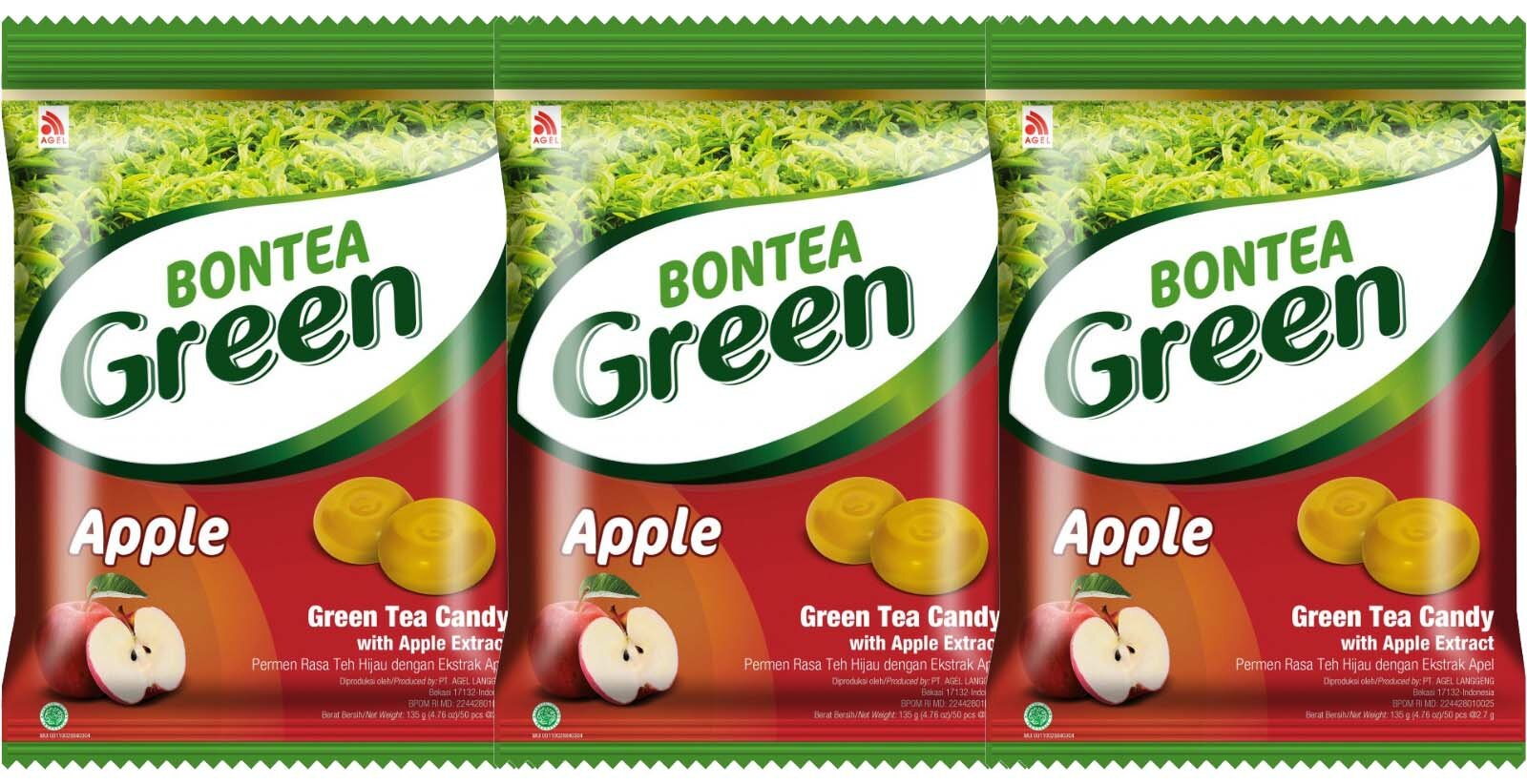 Конфеты леденцовые с яблоком и зеленым чаем BONTEA Green Apple (Индонезия) 135 гр. х 3 шт.