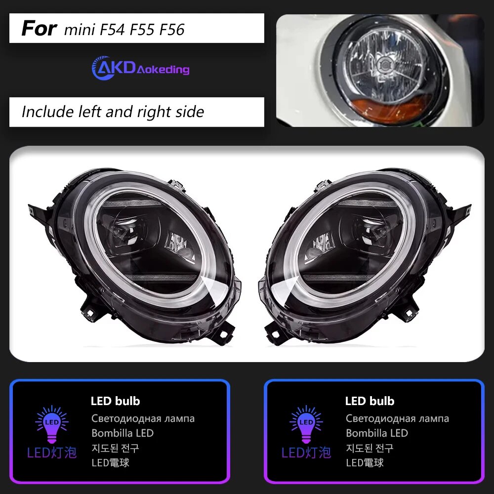 Фаркоп AKD для MINI F55 F56 светодиодные фары 2014-2022 года выпуска F56 F54 F57 дневной ходовой огонь поворотный сигнал дальний свет ангельские глаза проекционная линза