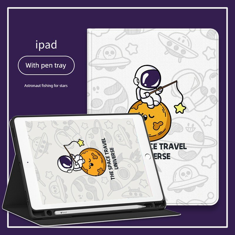 Чехол для iPad 2021 (10.2 дюйма) с отсеком для стилуса - слоновая кость, астронавт рыбачит