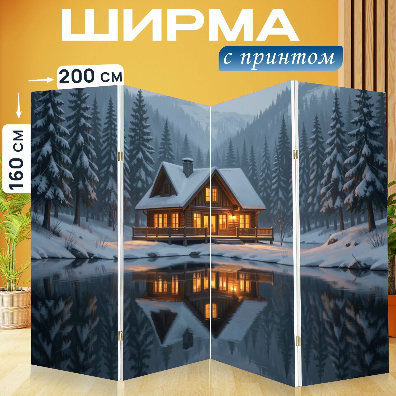 Ширма "Уютный дом у зимнего озера. Заснеженная горная долина с деревянным коттеджем, тёплым светом в окнах и." перегородка для зонирования комнаты с принтом 200x160 см. на холсте