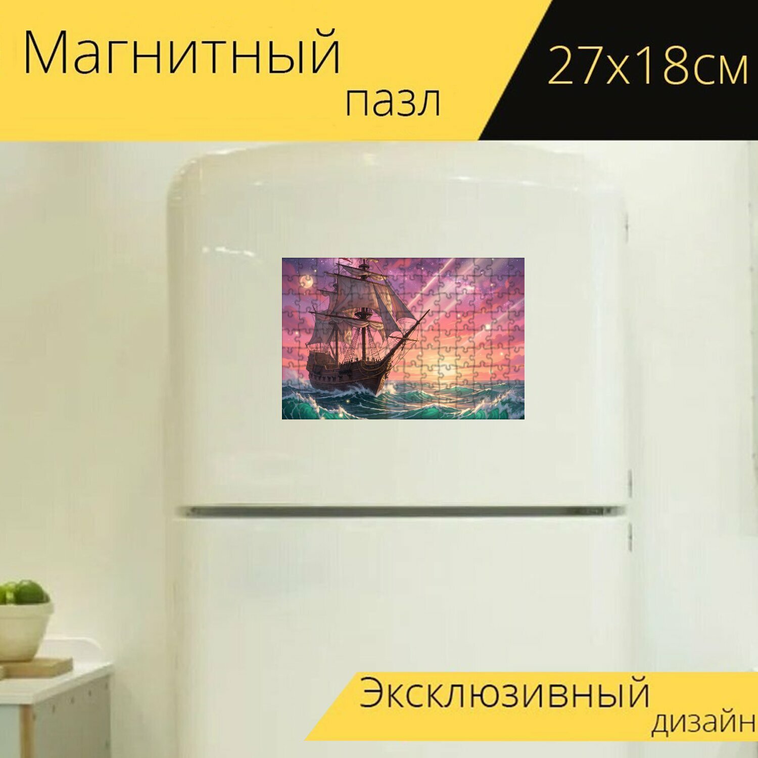 Магнитный пазл "Парусный корабль в волшебном море. Старинный фрегат на бирюзовых волнах под звездным небом и розово-лиловым закатом. Фэнтези иллюстрация." на холодильник 27 x 18 см.
