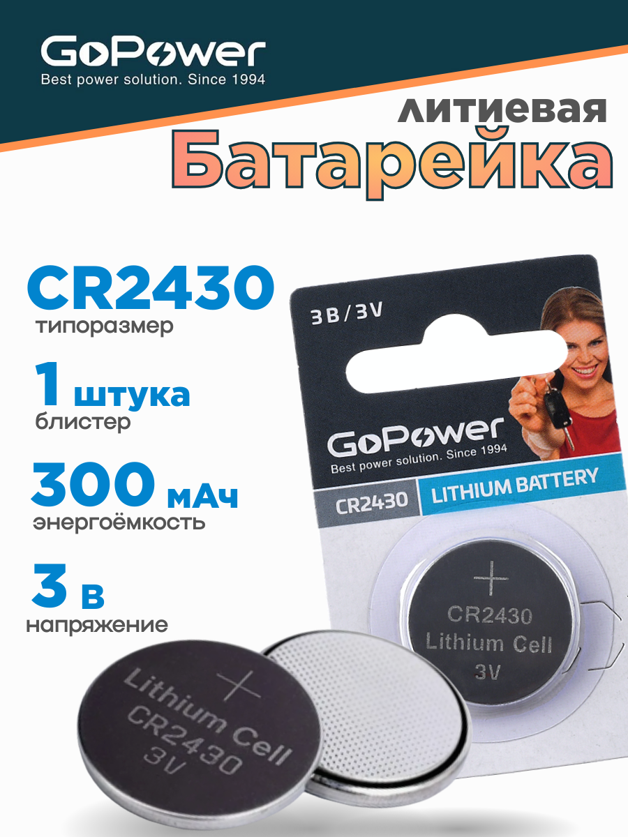 Батарейка GoPower CR2430 Литиевая 3V - 1 шт.