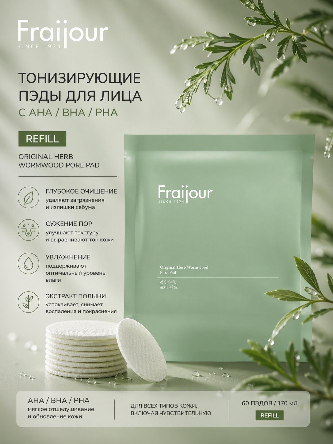 Fraijour Тонизирующие пэды рефил для лица с АНА/ВНА/РНА Original Herb Wormwood Pore Pad Refill, 60шт/170 мл