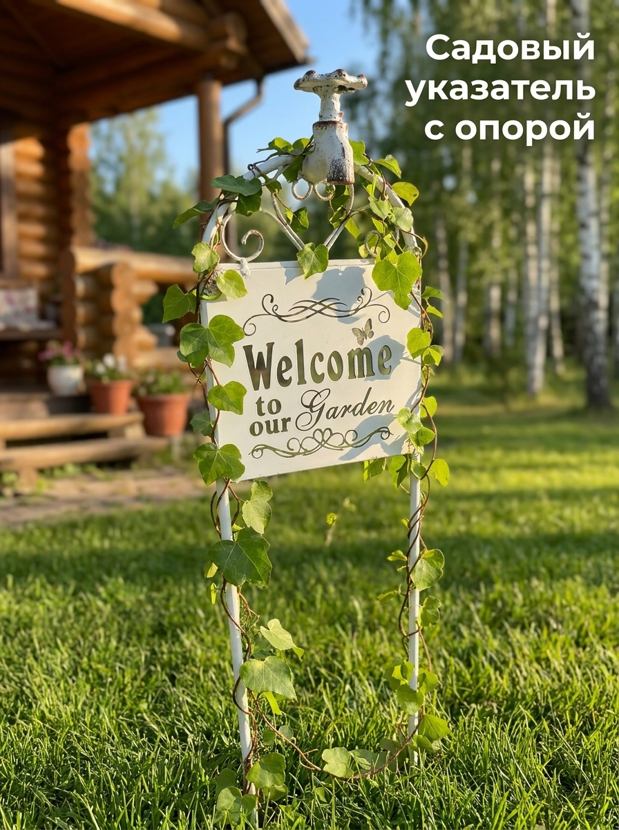 Кованая табличка Welcome to our Garden белая уличная для сада и дачи + опора для цветов