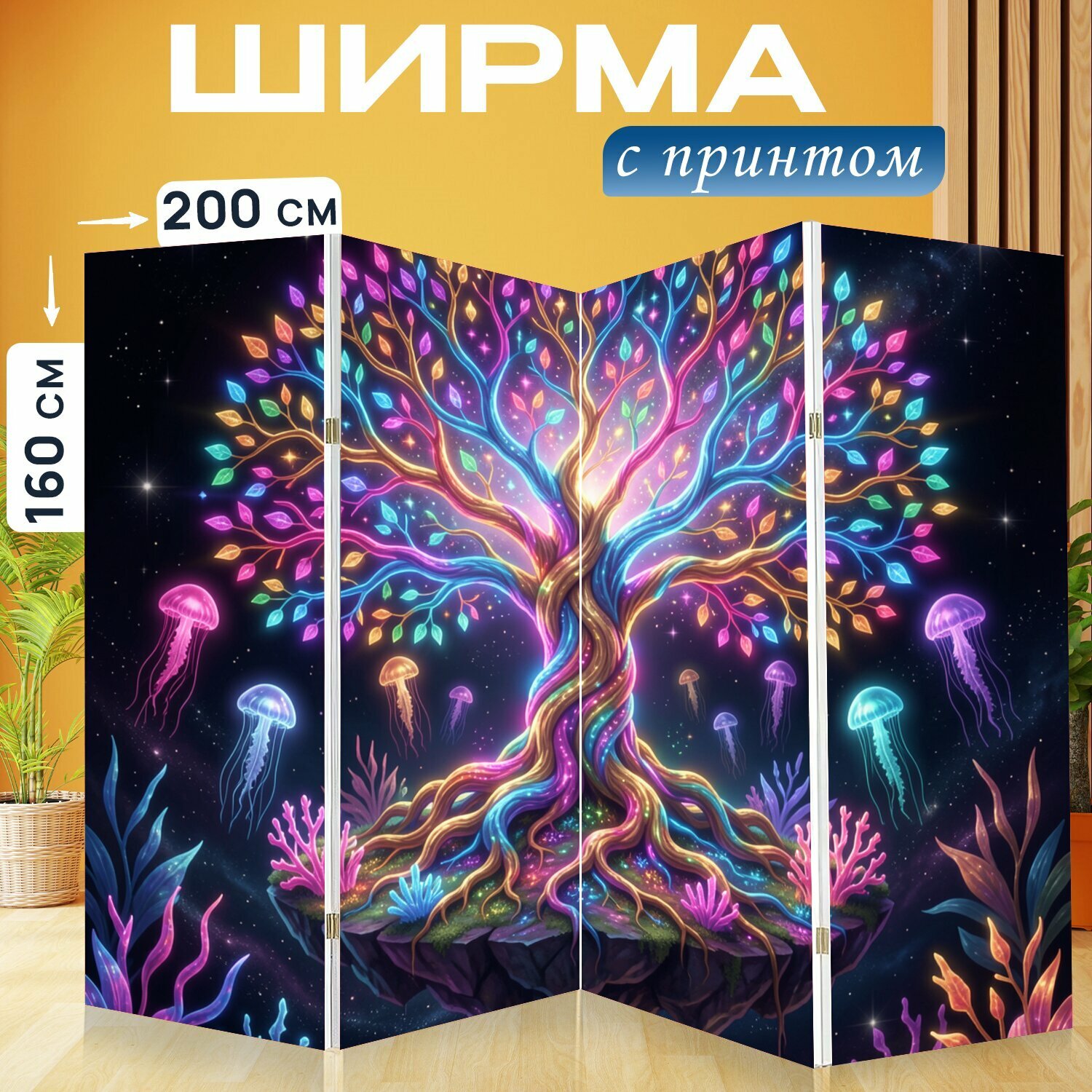 Ширма "Неоновое древо на парящем острове. Флуоресцентная фантазийная сцена: переплетённый ствол, разноцветная." перегородка для зонирования комнаты с принтом 200x160 см. на холсте