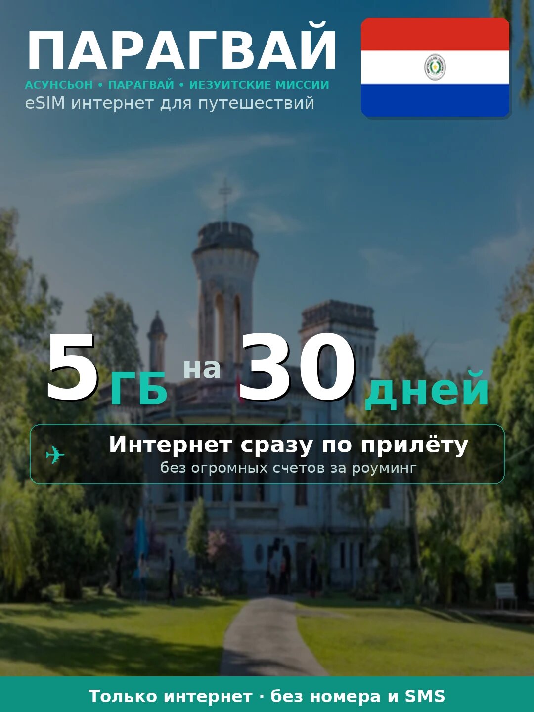 ESIM Парагвай — мобильный интернет 5 ГБ на 30 дней | виртуальная SIM-карта для путешествий