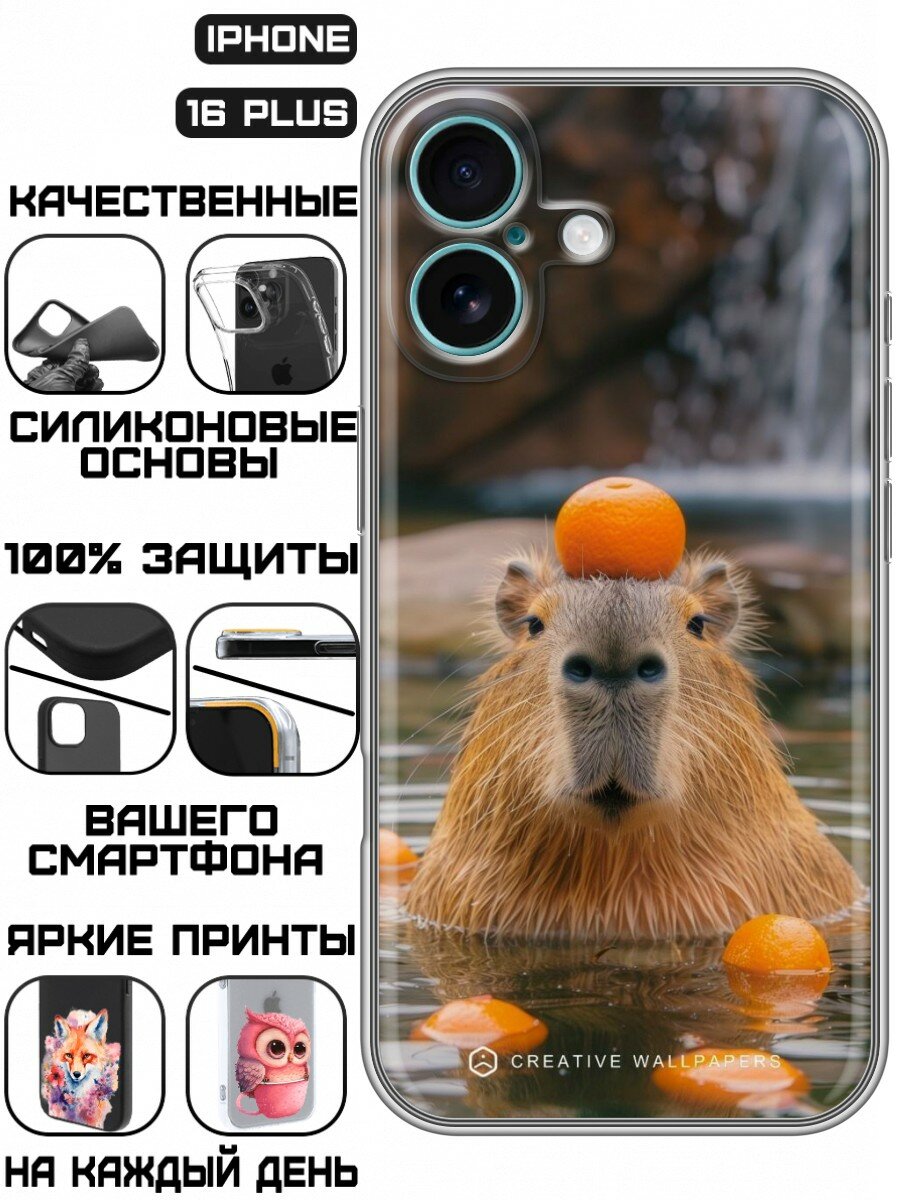 Чехол для Iphone 16 Plus с принтом Капибара с апельсином (Айфон 16 Плюс)