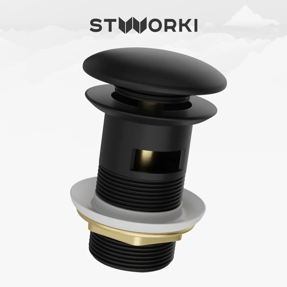 Донный клапан для раковины STWORKI SW-001BK с переливом, черный, матовый, с системой клик-клак, латунный, сливной клапан для раковины, универсальный