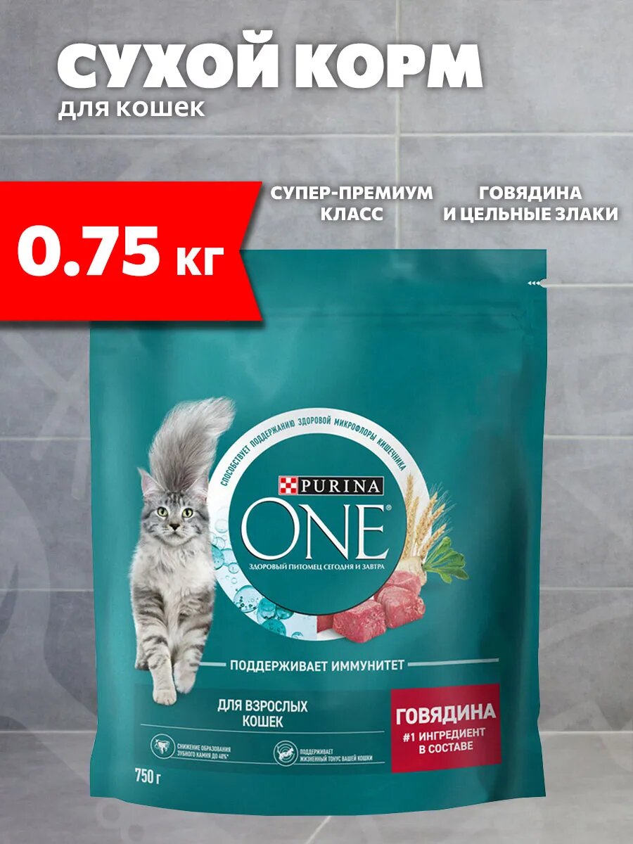 Корм сухой Purina One для взрослых кошек, говядина и злаки, 750 г