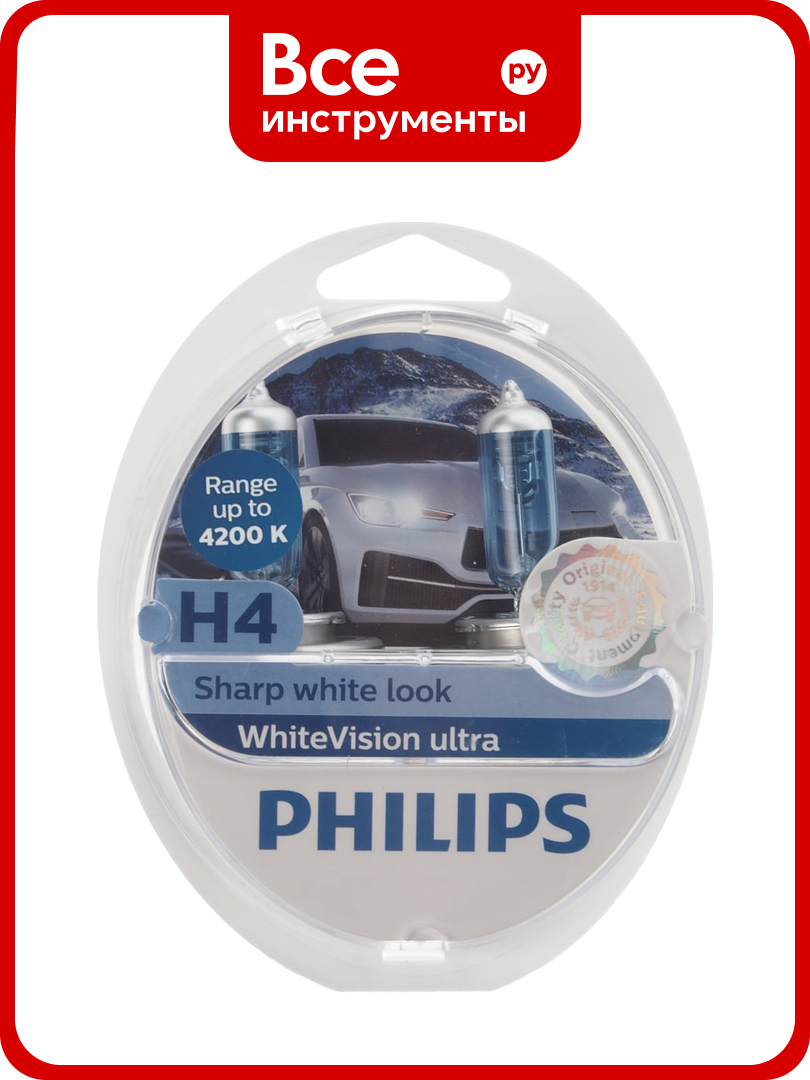 Автолампа PHILIPS H4 60/55 P43t-38 WhiteVision ultra 4200K 2шт+2шт W5W 12V 12342WVUSM галогенная низковольтная лампа