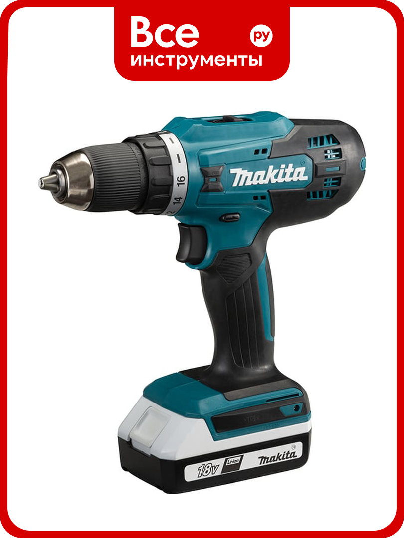 Дрель-шуруповерт Makita аккумулятор G-серия 18 В, 13 мм, 42/24 Нм (2x1,5Ач, з/у) DF488D002, 1,7 кг, резиновый