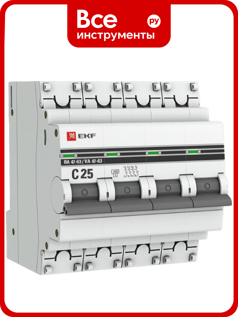 Автоматический выключатель EKF PROxima ВА 47-63, 4P, 25А, C, 4,5kA mcb4763-4-25C-pro