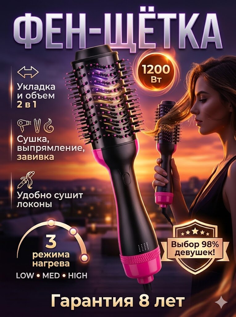 Фен-щетка для волос / Расческа с ионизацией One Step Фен-щётка (расчёска-фен) для волос Hair Dryer 3 в 1