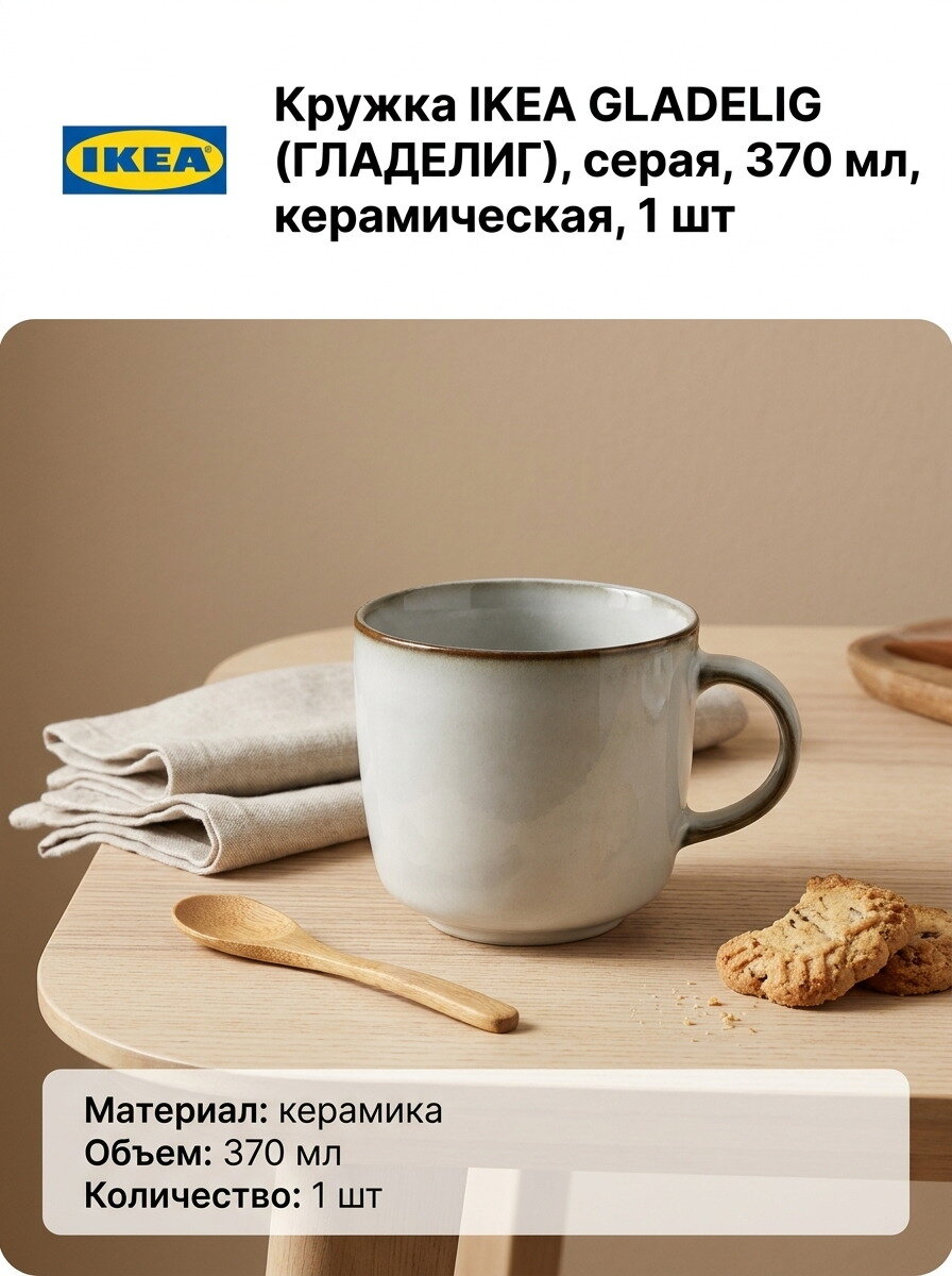 Кружка IKEA GLADELIG (гладелиг), серая, 370 мл, керамическая, 1 шт