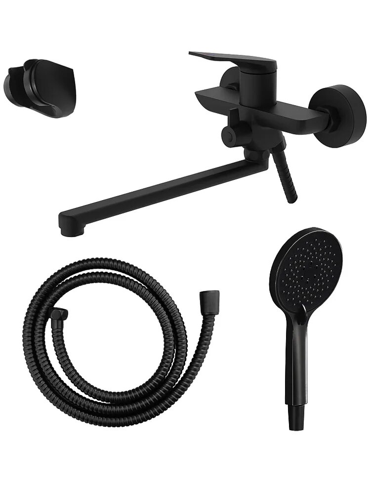 Смеситель для ванны с длинным изливом AZARIO Lursy AZ-K1749B с душевым гарнитуром, поворотный, латунный, черный, матовый, смеситель для ванны с душем, рычажный, с настенным держателем