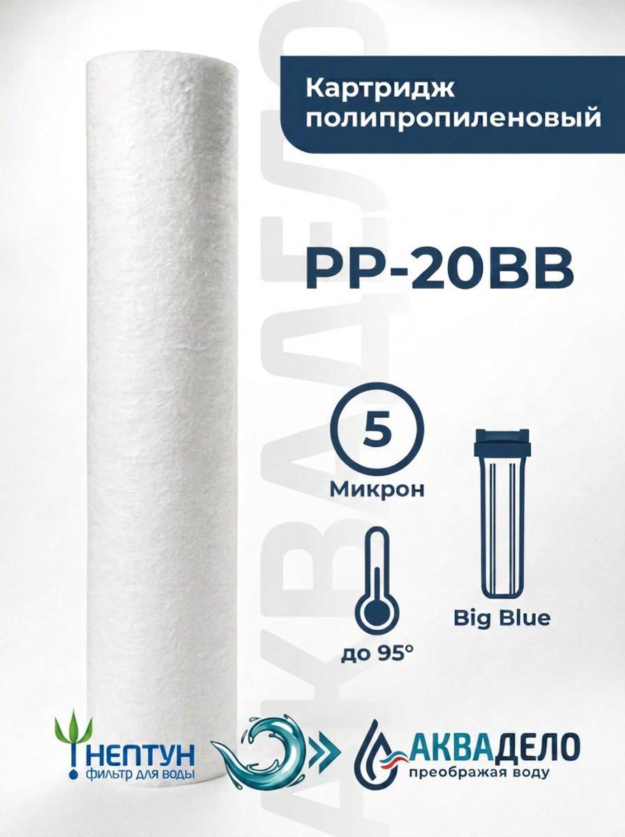 Картридж фильтра для очистки воды полипропиленовый “Нептун” (Аквадело) PP-20BB 5мкм. Грубая механическая очистка воды от ила, песка, ржавчины и т. д.