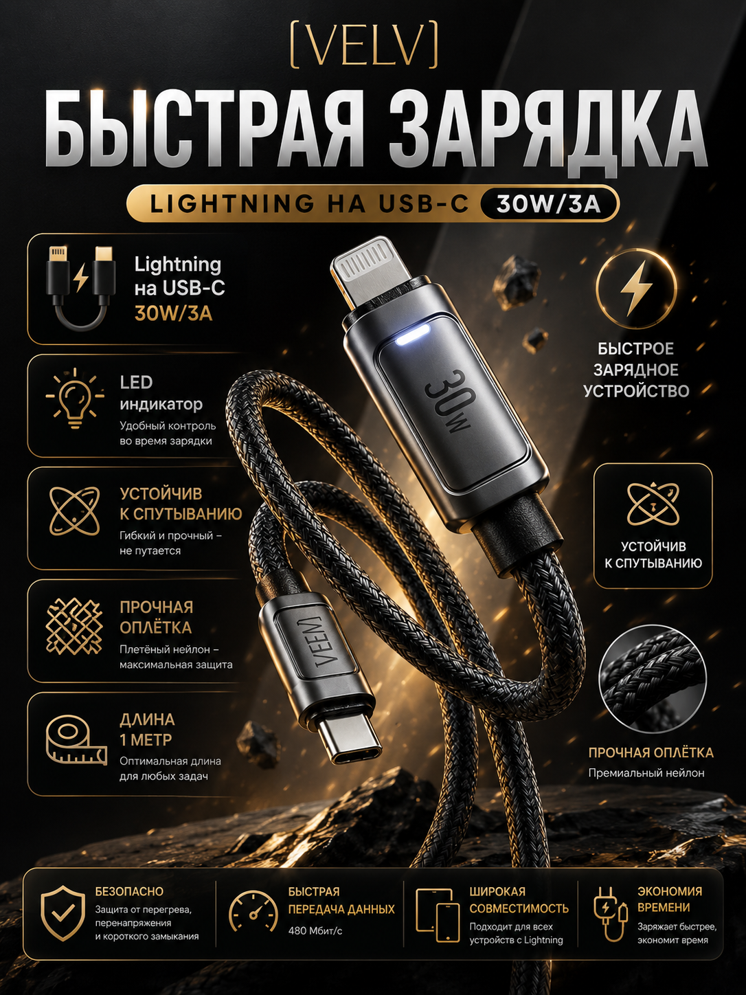 Кабель для iPhone Type-C to Lightning 2m 30W VELV быстрая зарядка, нейлоновый