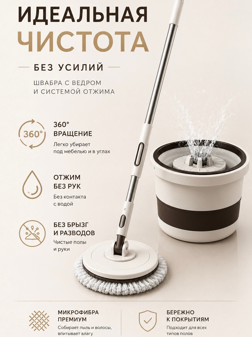 Швабра с отжимом и ведром, комплект для уборки с автоотжимом, телескопическая ручка